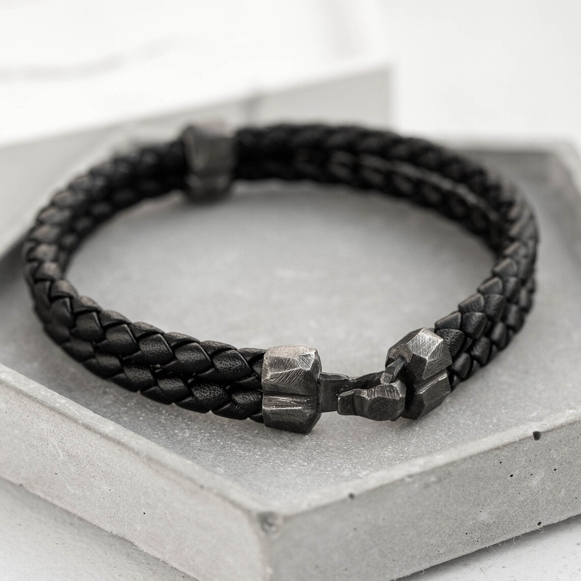 Men Bracelet Black Leather Braided Oxidized Sterling Silver - Hammered ...