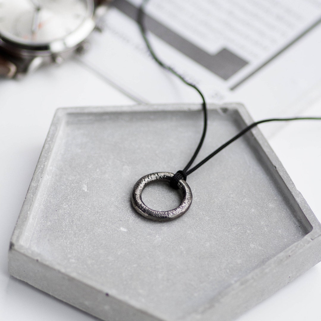 Simple Men Necklace Circle Pendant Sterling Silver Oxidized - Long Cord ...