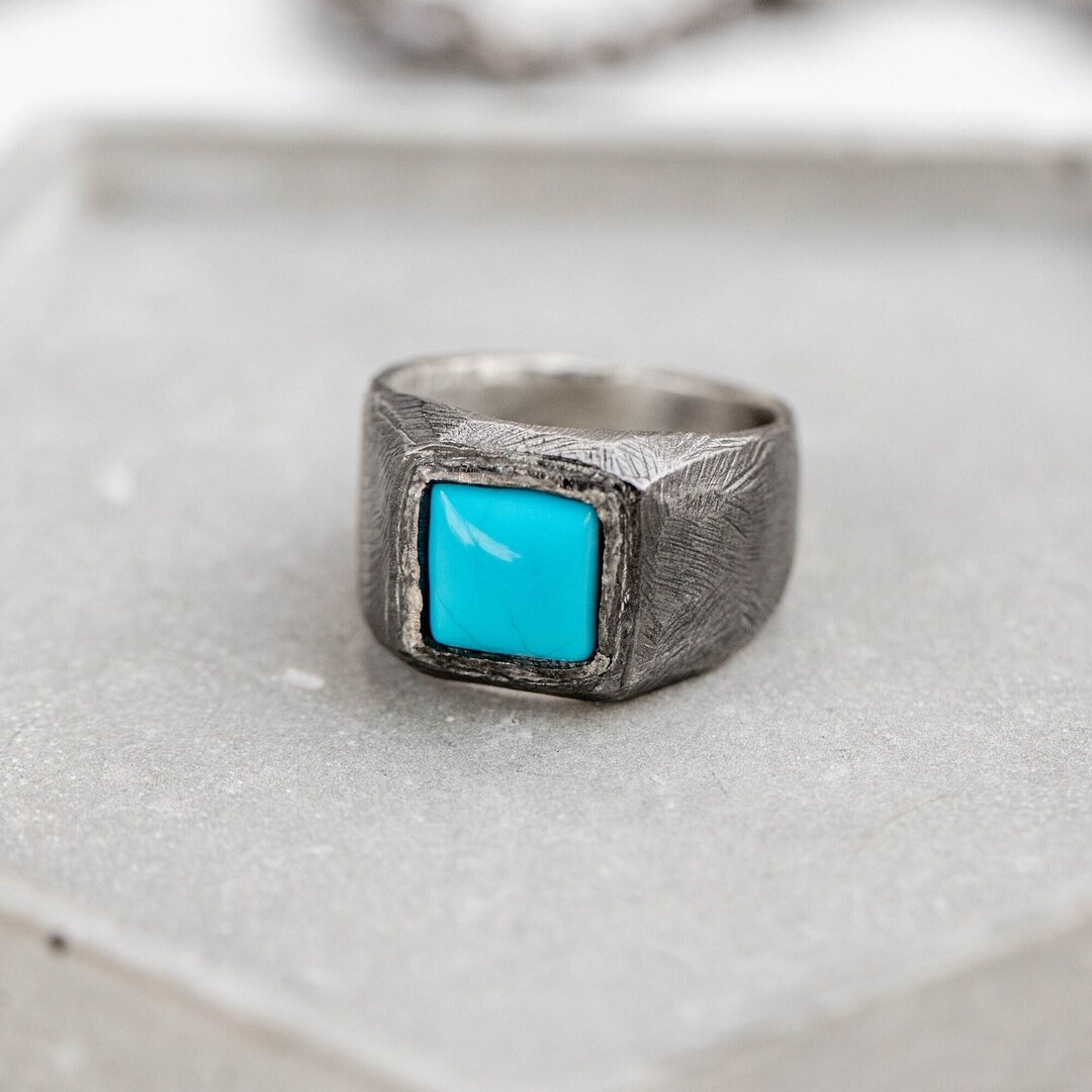 Men Turquoise Ring Brutalist Signet Oxidized Silver - December ...