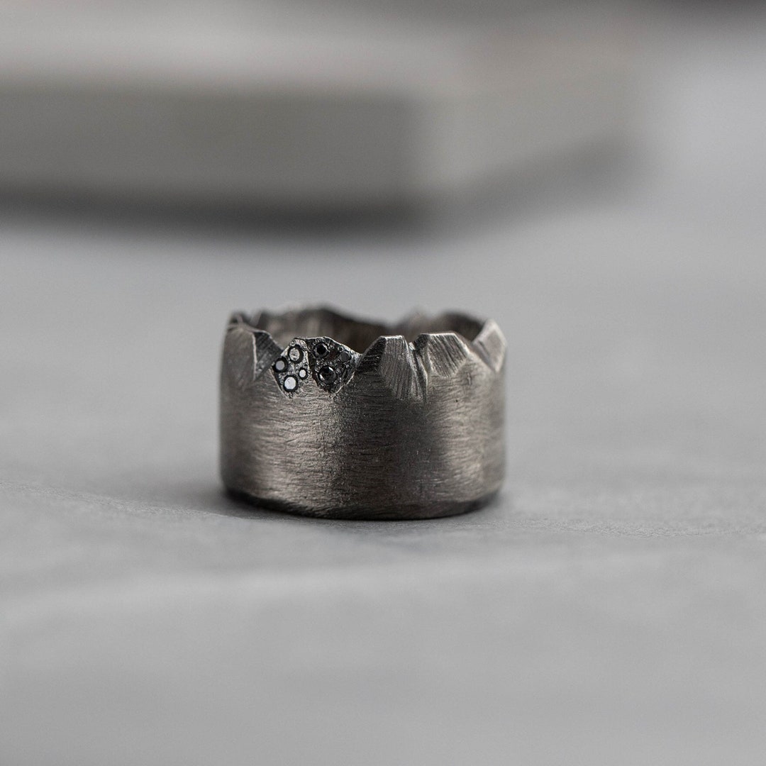 Mens Ring Brutalist Oxidized Silver Black Diamonds, Men Jewelry, Rustic ...