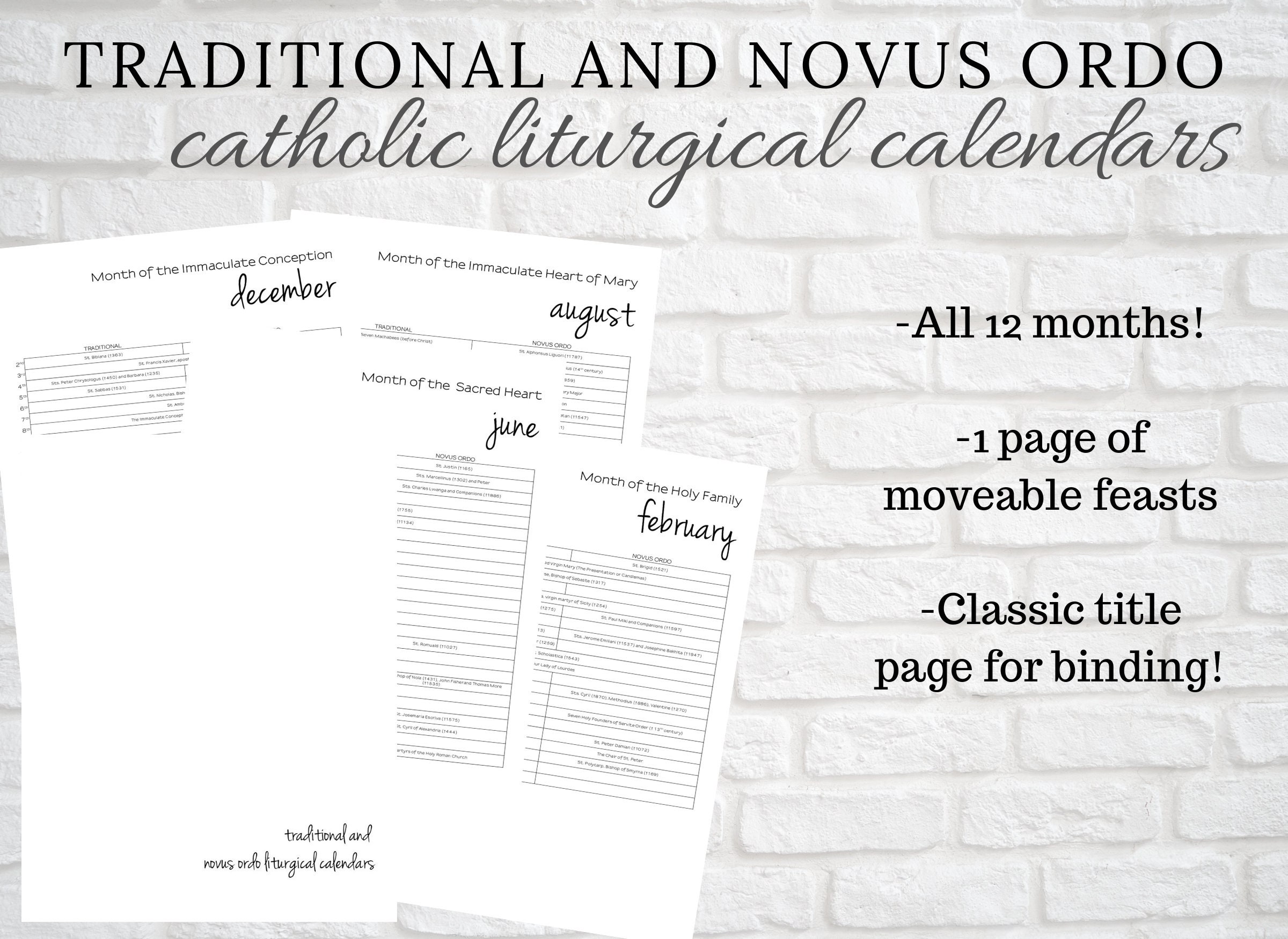 Traditional Latin Catholic and Novus Ordo Printable Calendar: - Etsy