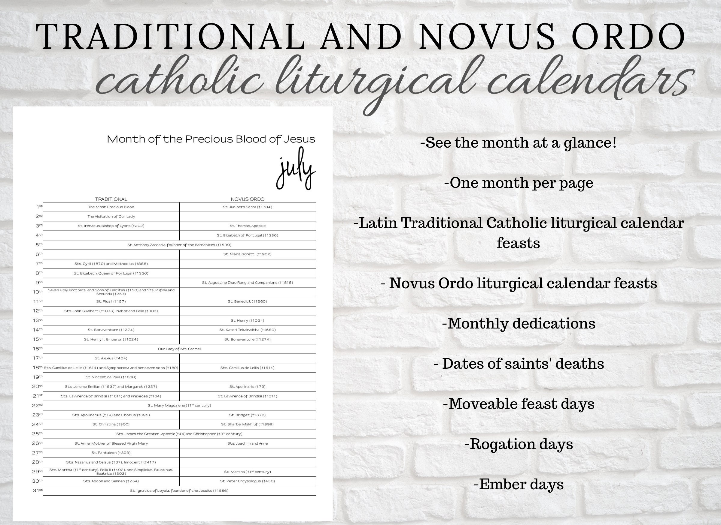 Traditional Latin Catholic and Novus Ordo Printable Calendar: - Etsy
