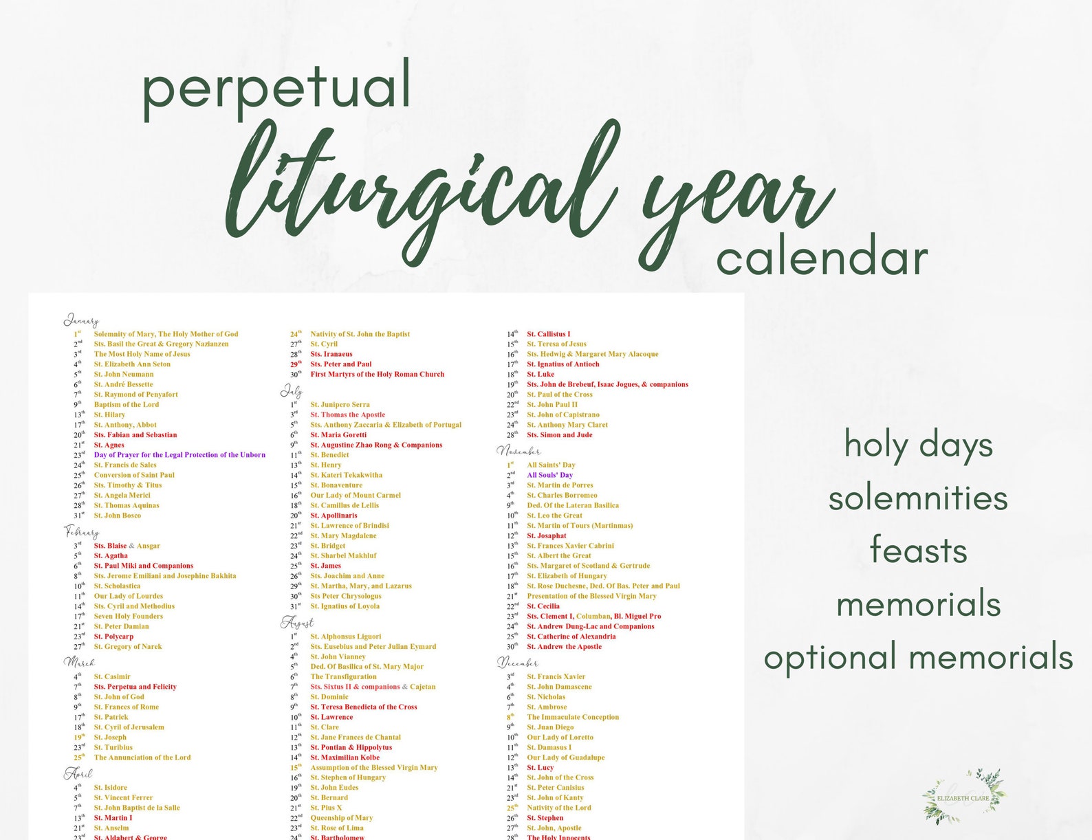 Perpetual Catholic Liturgical Calendar Year at a Glance: Liturgical ...