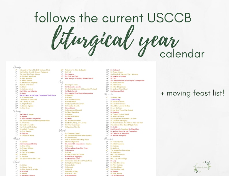 Perpetual Catholic Liturgical Calendar Year at a Glance: Liturgical ...