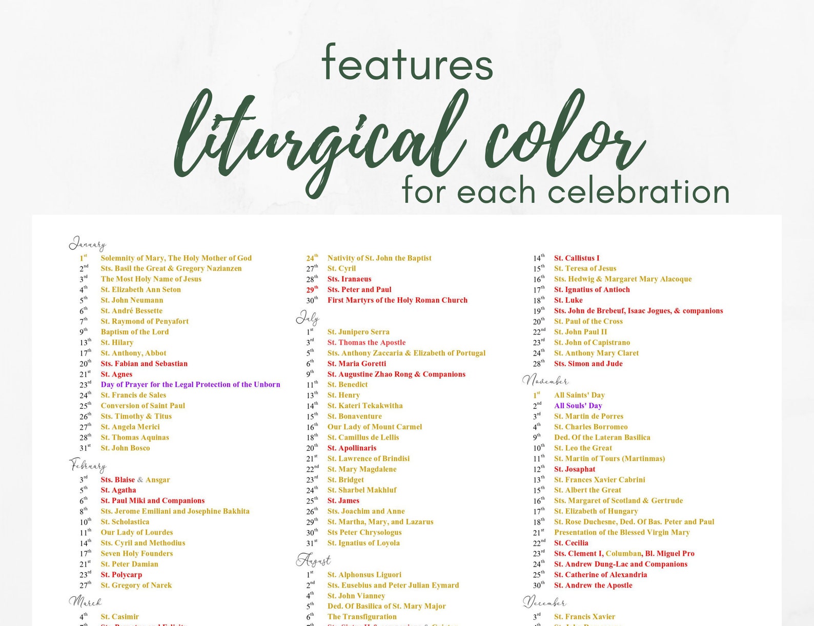 Perpetual Catholic Liturgical Calendar Year at a Glance: Liturgical ...