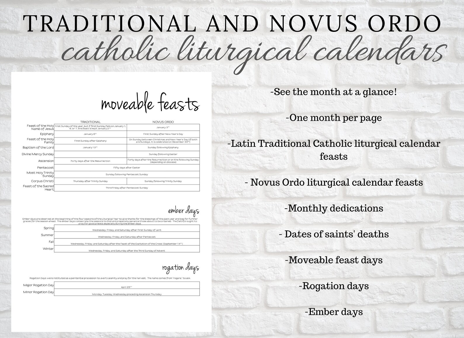 Traditional Latin Catholic and Novus Ordo Printable Calendar: - Etsy