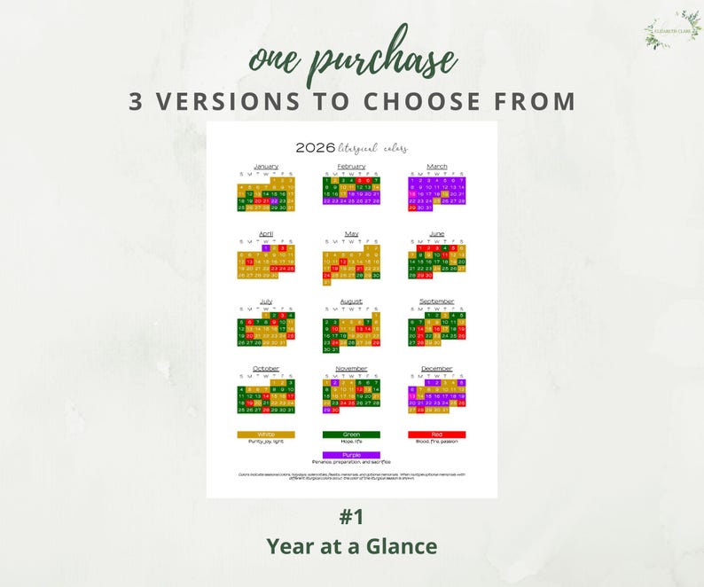 2026 Catholic Liturgical Year Calendar at a Glance: Liturgical Colors ...