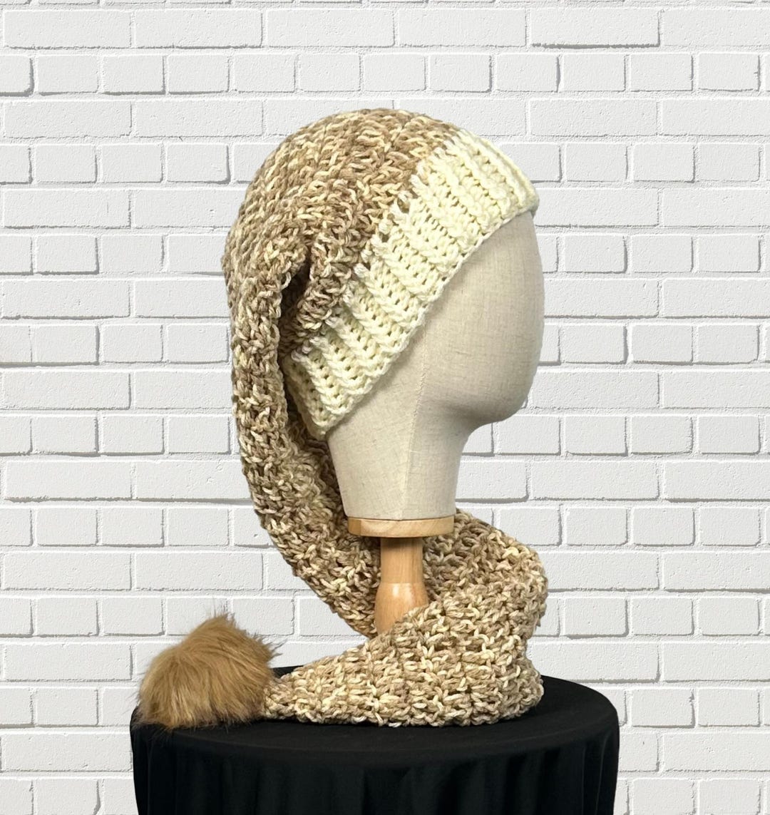 Beige off White Long Tail Stocking Hat With Pom Pom, Christmas Santa ...