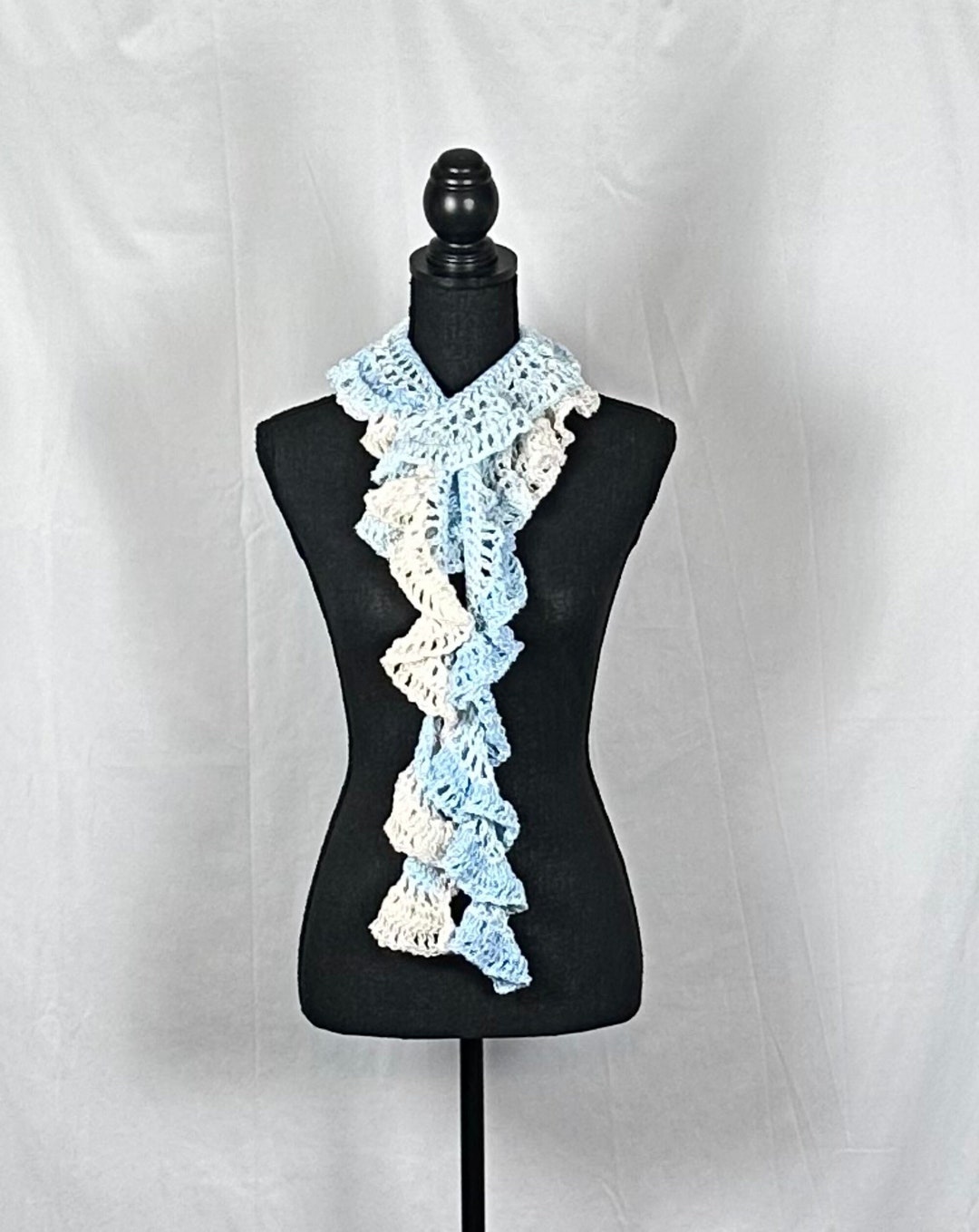 Light Blue White Spiral Ruffle Crochet Scarf, 80 Long 100% Cotton ...