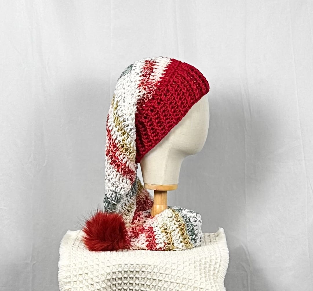 Red Long Stocking Hat, Christmas Santa Elf Hat, Crochet Pixie Slouchy ...