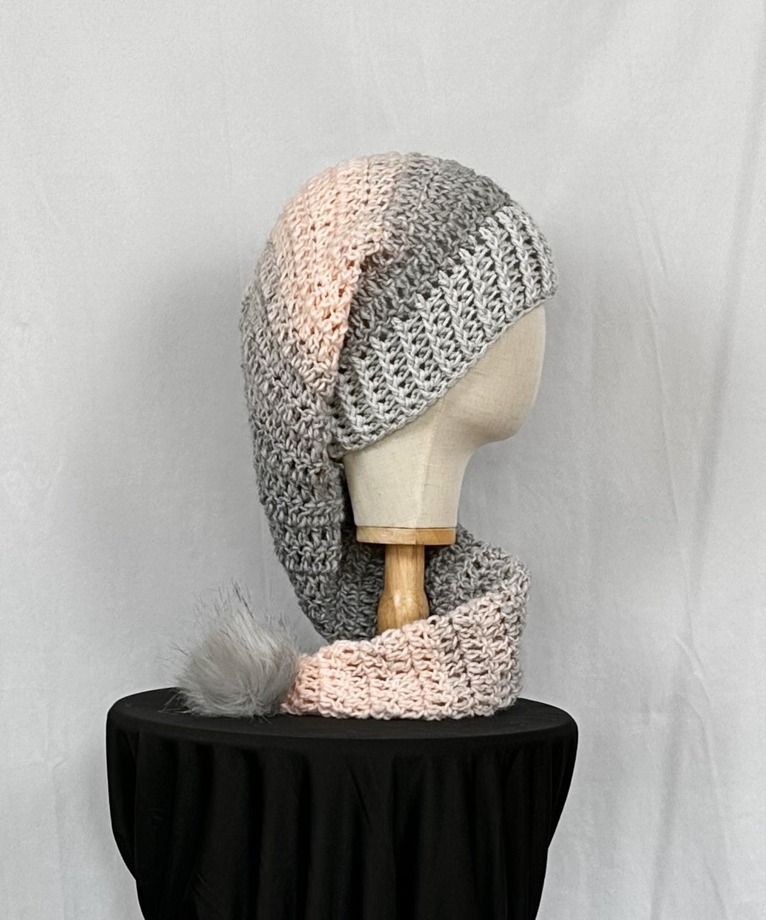 Long Tail Stocking Hat With Pom Pom Pink Gray, Christmas Santa Elf Hat ...