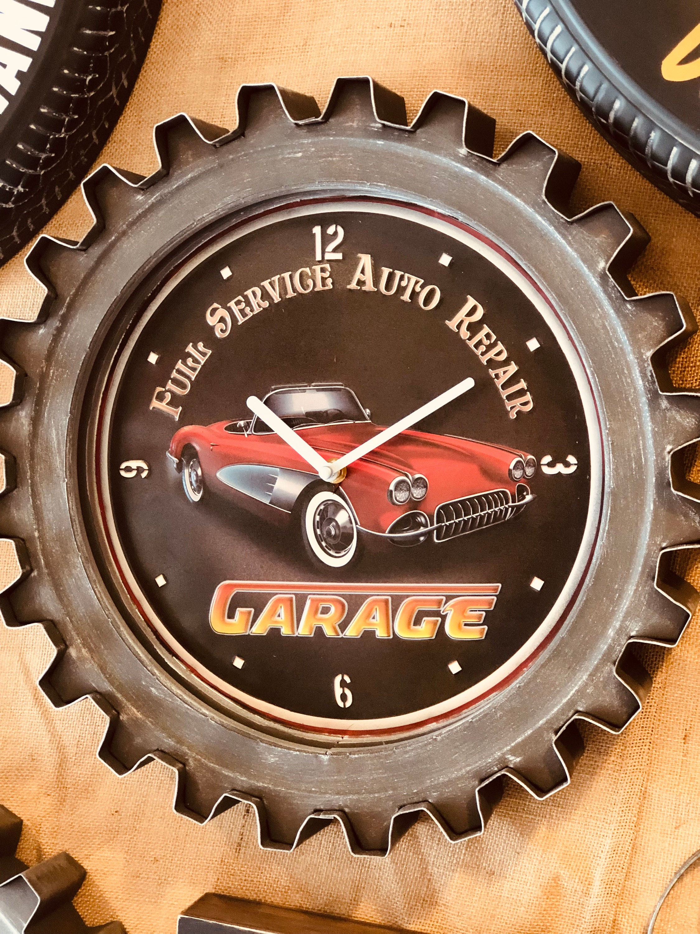 Vintage Metal Gear Shape Racing Car Garage Sign Wall Clocks With LED ...