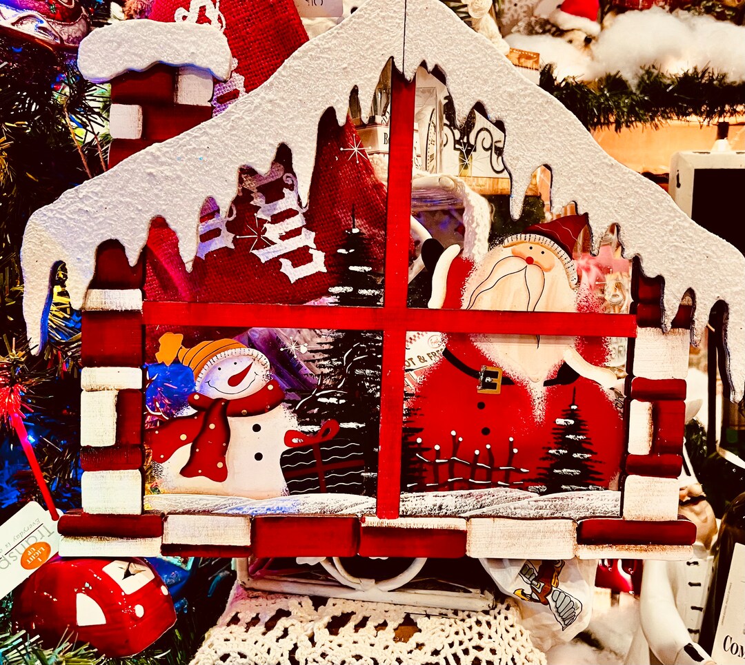 Christmas House Window Style Wall Decor Santa Claus Snowman Wood Glass ...