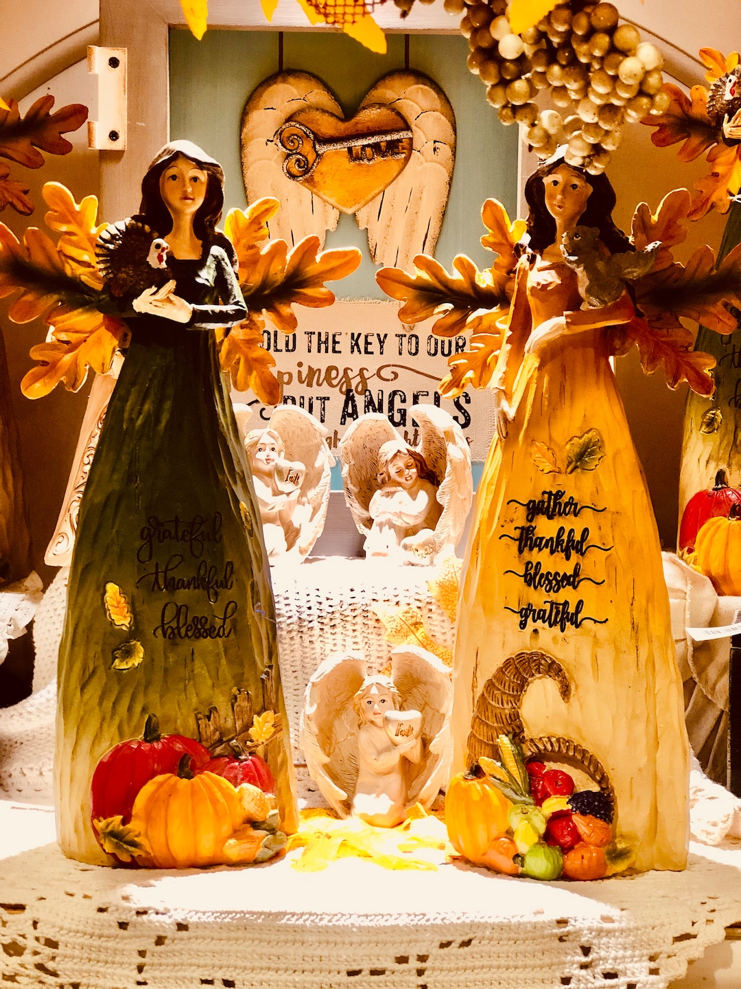 Farmhouse Fall Angel Statue Gather Thankful Blessing Grateful Pumpkin ...