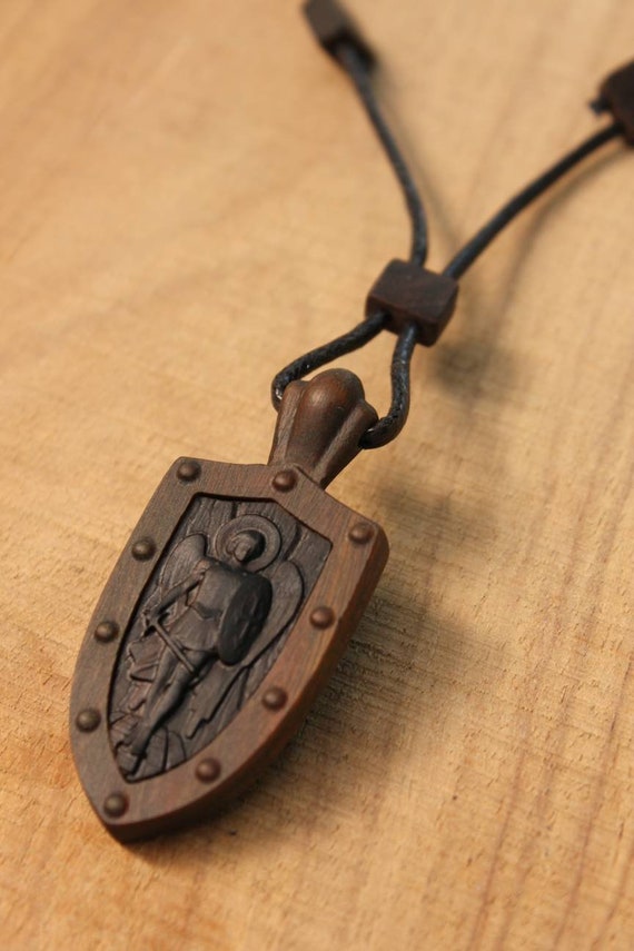 Wooden Archangel Saint Michael Sheild St. Michael Necklace - Etsy