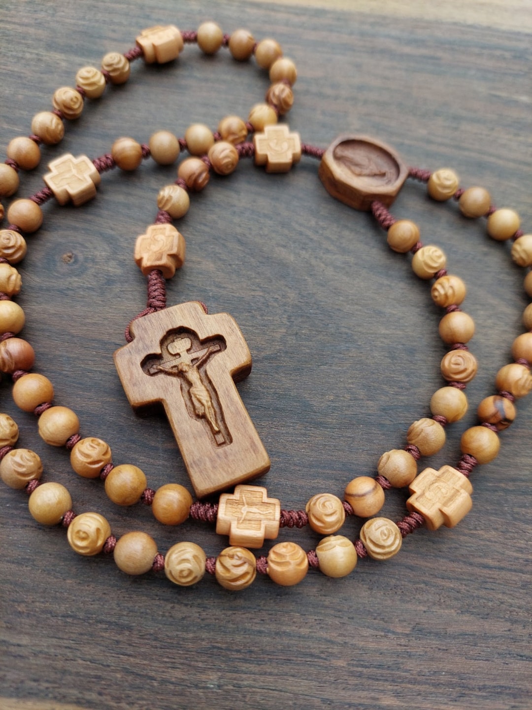 Wooden Rosary-olive Wood Rosary- Carved Rose Beads-catholic Rosary Men ...