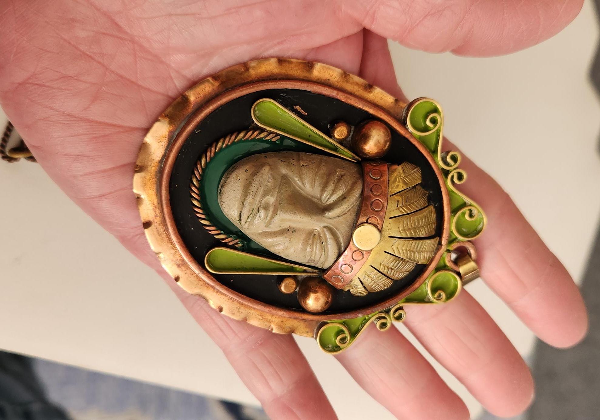 Vintage 1940’s Diaz Santoyo Mexico Aztec Warrior Pendant Necklace Mixed ...