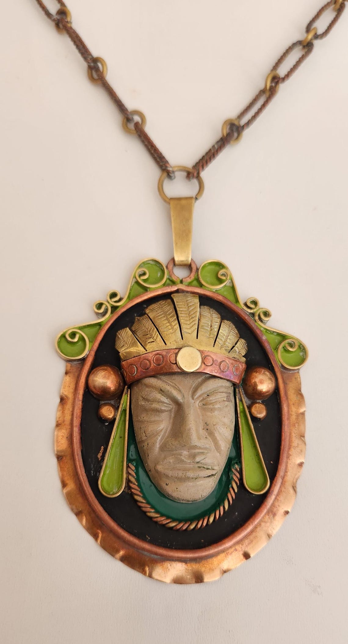 Vintage 1940’s Diaz Santoyo Mexico Aztec Warrior Pendant Necklace Mixed ...