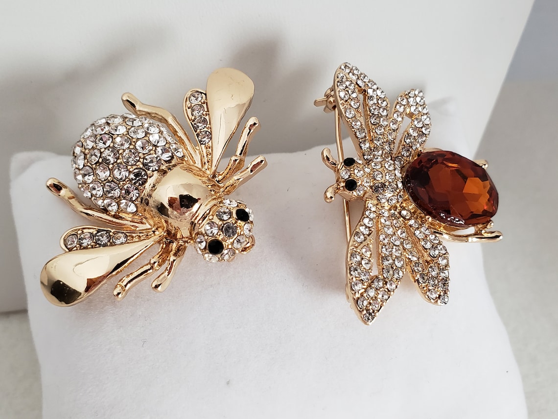 Vintage Qty 2 Rhinestone BEE Pin Marked OPC CN Brooch Jewelry Women ...