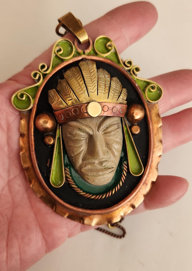 Vintage 1940’s Diaz Santoyo Mexico Aztec Warrior Pendant Necklace Mixed ...