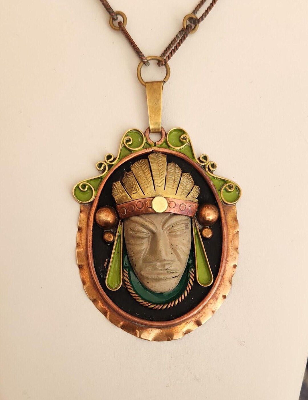 Vintage 1940s Diaz Santoyo Mexico Aztec Warrior Pendant Necklace Mixed ...