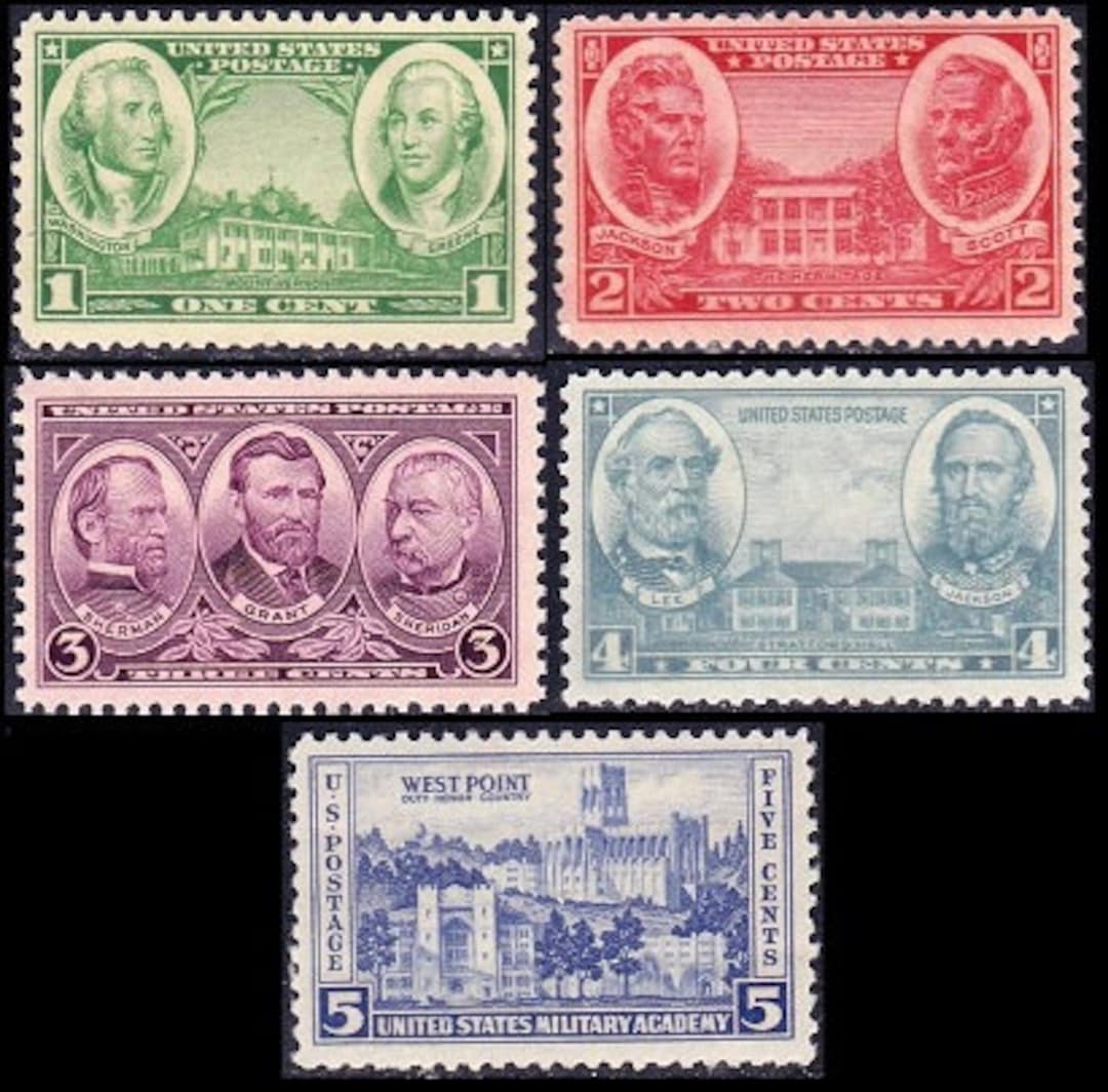 25x US ARMY HEROES Military West Point 5 Different Unused 1936 Postage ...