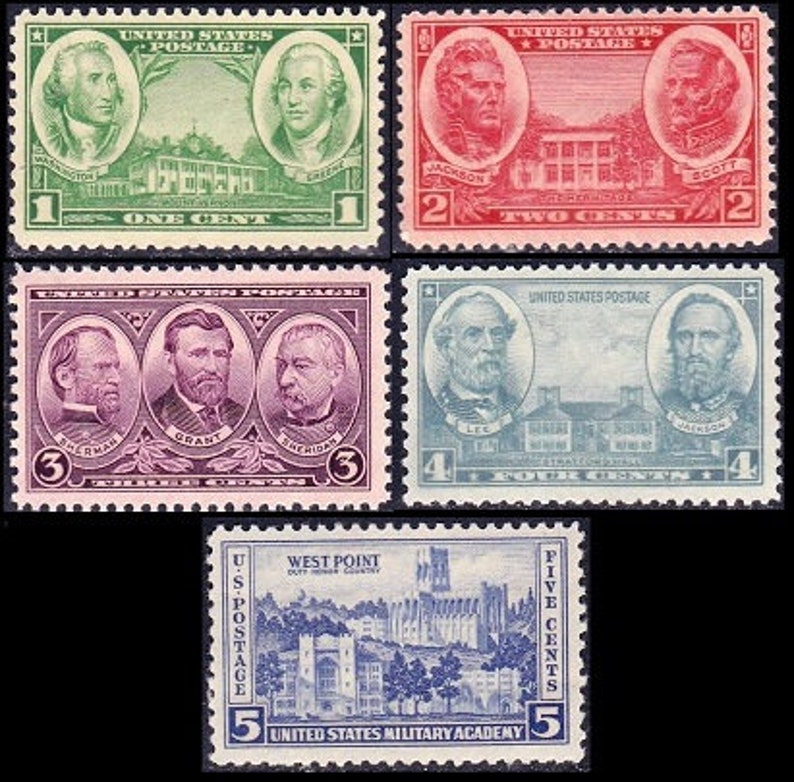 25x US ARMY HEROES Military West Point 5 Different Unused 1936 Postage ...