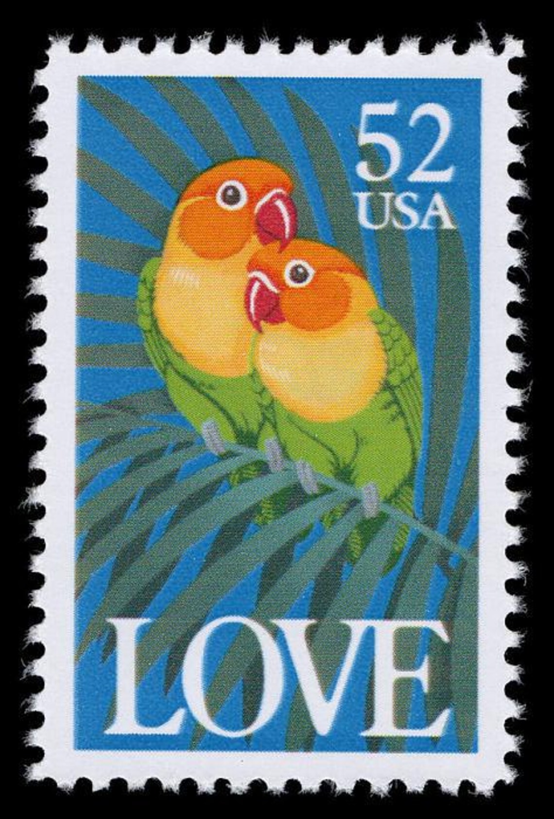 4x LOVE BIRDS Parrots Wedding Save the Date Engagement 1991 52c Unused ...