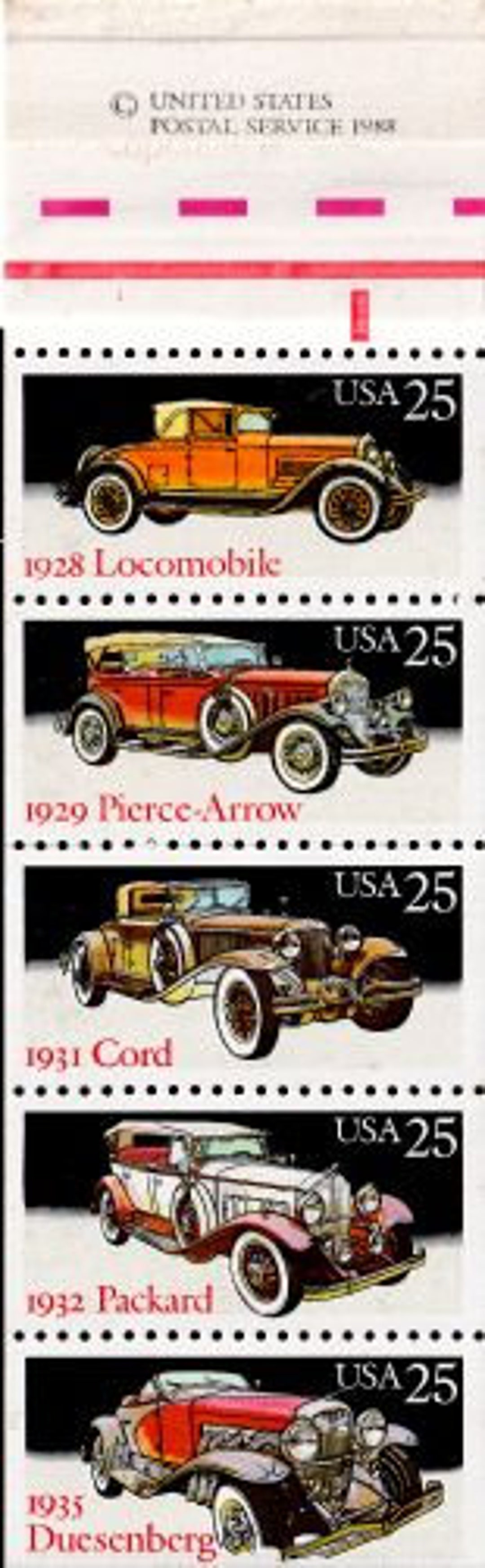 10x CLASSIC CARS Packard Cord Duesenberg 5 Diff 1988 25c Unused Postage ...