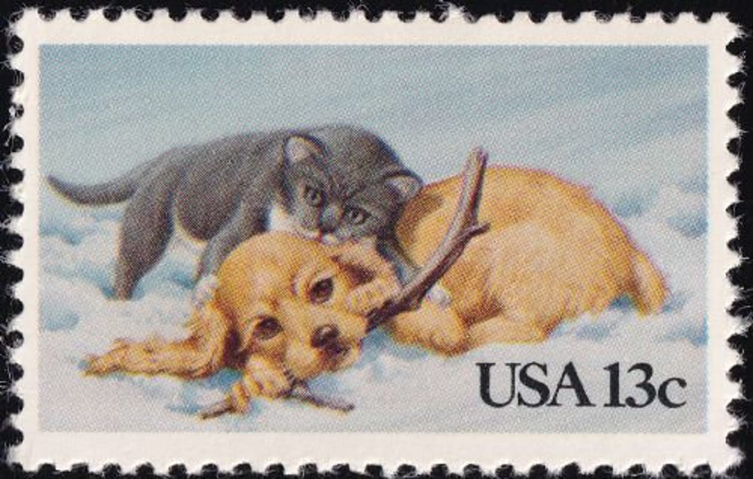 15x KITTEN & PUPPY Playing in Snow 1982 13c Unused Postage Stamps Free ...