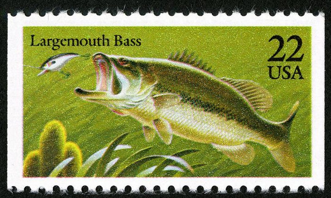 7x LARGEMOUTH BASS Fish FISHING 1986 22c Green Unused Postage Stamp ...