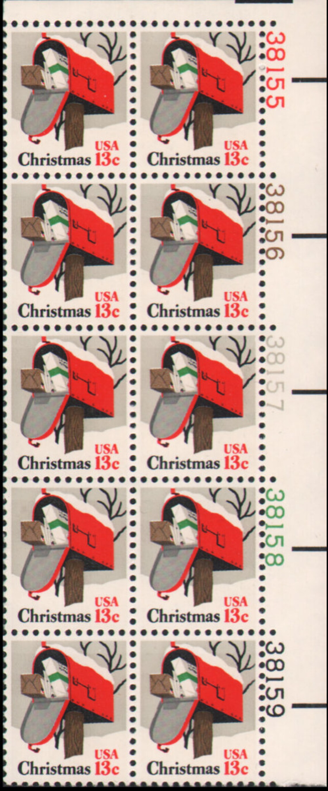 12x CHRISTMAS 1977 Red Mailbox Snow Presents 13c Unused Postage Stamps ...