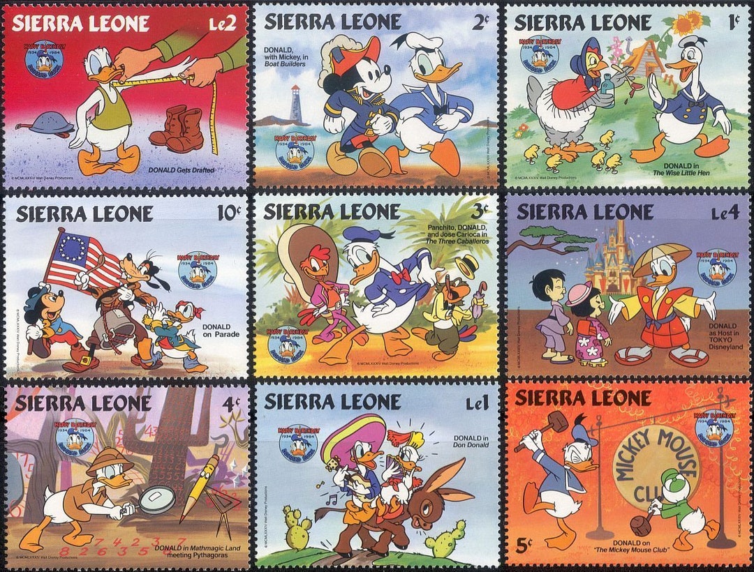 9 Diff Disney DONALD DUCK 50th Anniversary Sierra Leone 1984 Unused ...