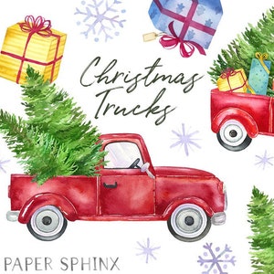 Watercolor Christmas Truck Clipart | Red Vintage Holiday Truck - With ...
