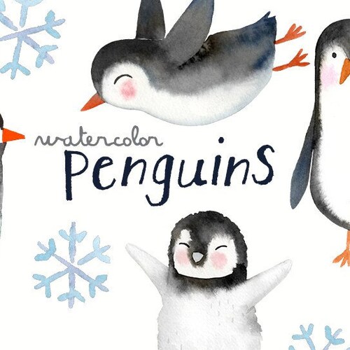 Watercolor Penguins Clipart Winter Clipart Holiday - Etsy