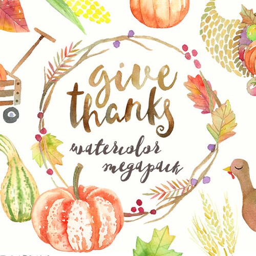 Watercolor Thanksgiving Clipart Autumn Cornucopia Turkey - Etsy