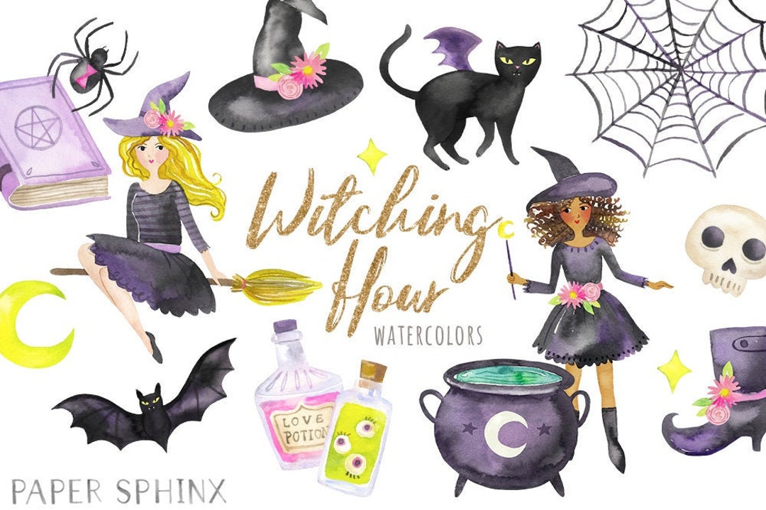 Watercolor Witch Clipart | Halloween Witches - With Cauldron, Potions ...