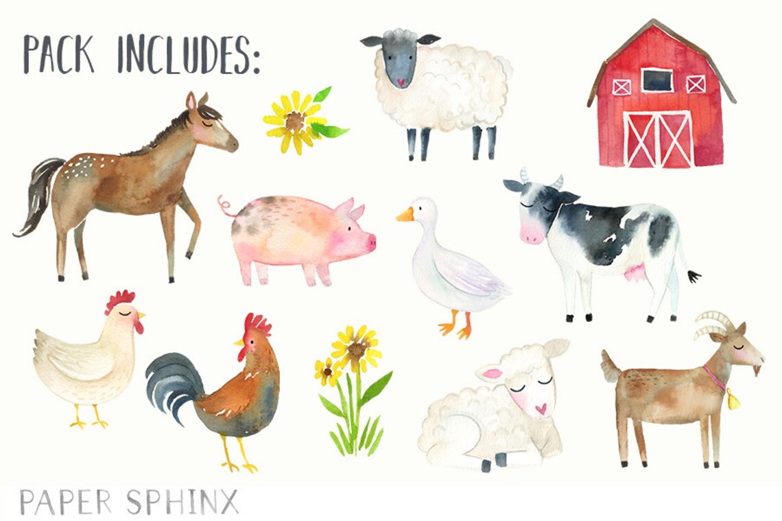 Watercolor Farm Animals Clipart Farm Clip Art Cow Horse - Etsy