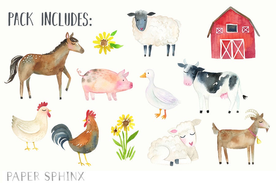 Watercolor Farm Animals Clipart | Farm Clip Art - Cow, Horse, Duck ...