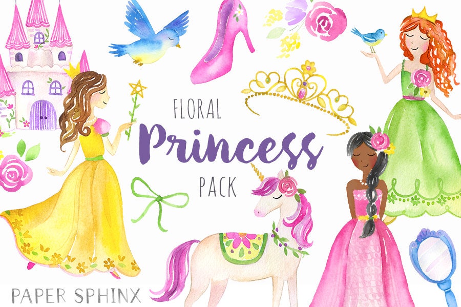 Watercolor Princess Clipart Fairytale Black and White - Etsy