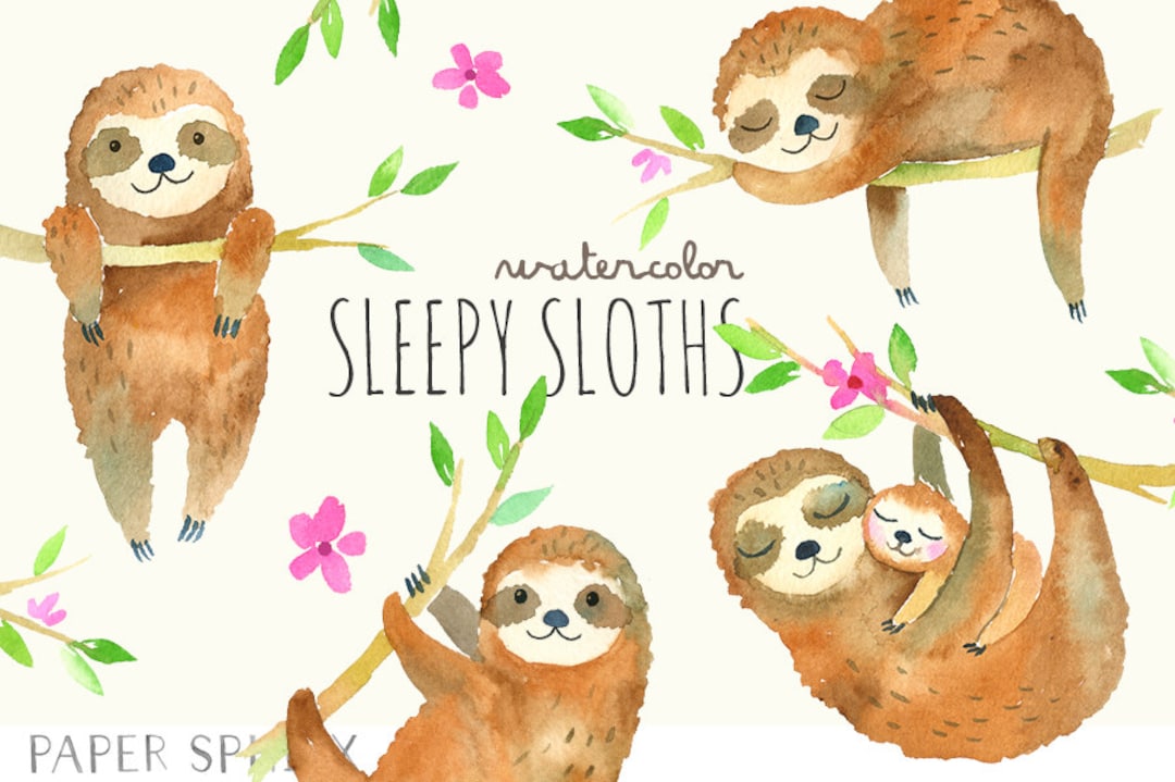 Sleepy Sloths Clipart | Baby Watercolor Sloth Clip Art - Mommy and Baby ...