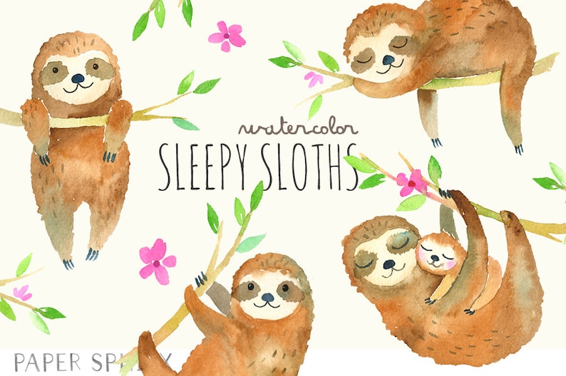 Sleepy Sloths Clipart Baby Watercolor Sloth Clip Art Mommy - Etsy