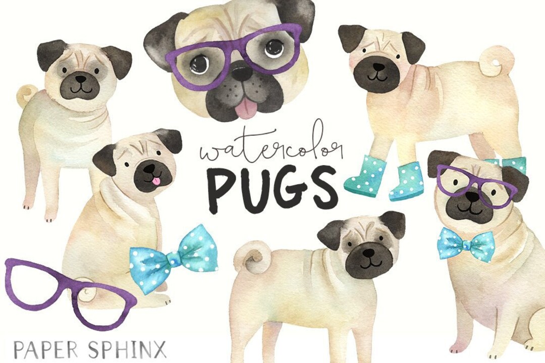 Watercolor Pugs Clipart | Dog Breed Clipart - Cute Pug With Hipster ...