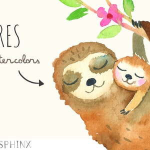 Sleepy Sloths Clipart | Baby Watercolor Sloth Clip Art - Mommy and Baby ...
