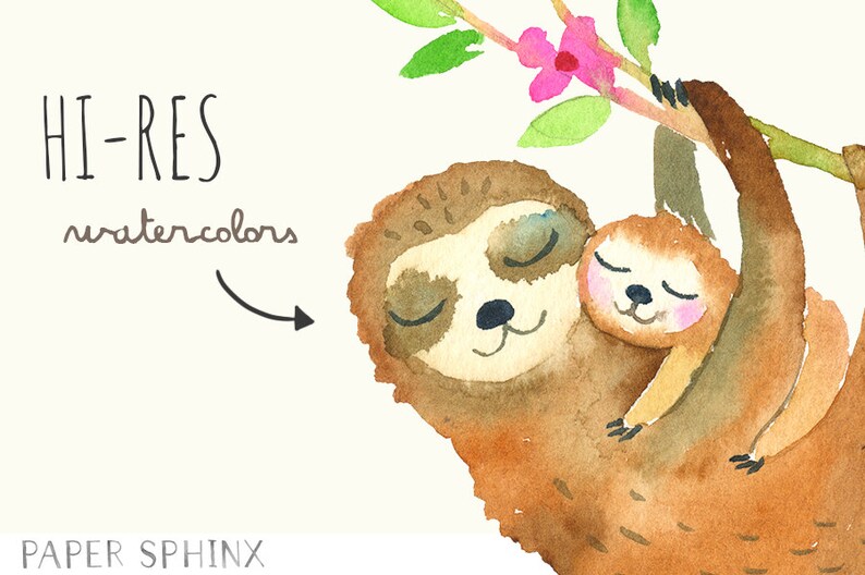 Sleepy Sloths Clipart | Baby Watercolor Sloth Clip Art - Mommy and Baby ...