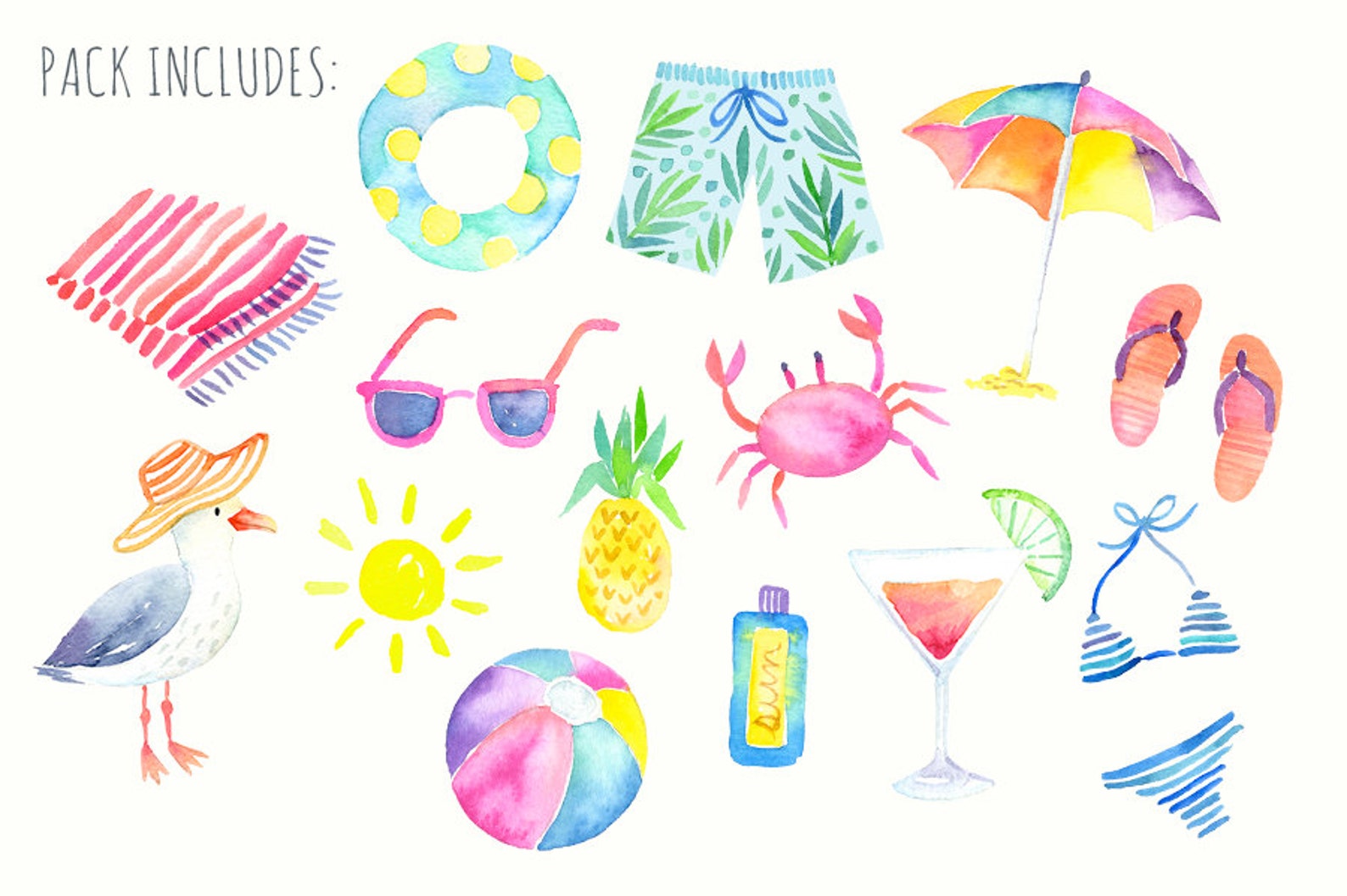 Watercolor Summer Clipart - Beach Clipart - Tropical Graphics ...
