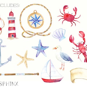 Watercolor Nautical Clipart Ocean Clipart Sailboat, Anchor, Rope ...