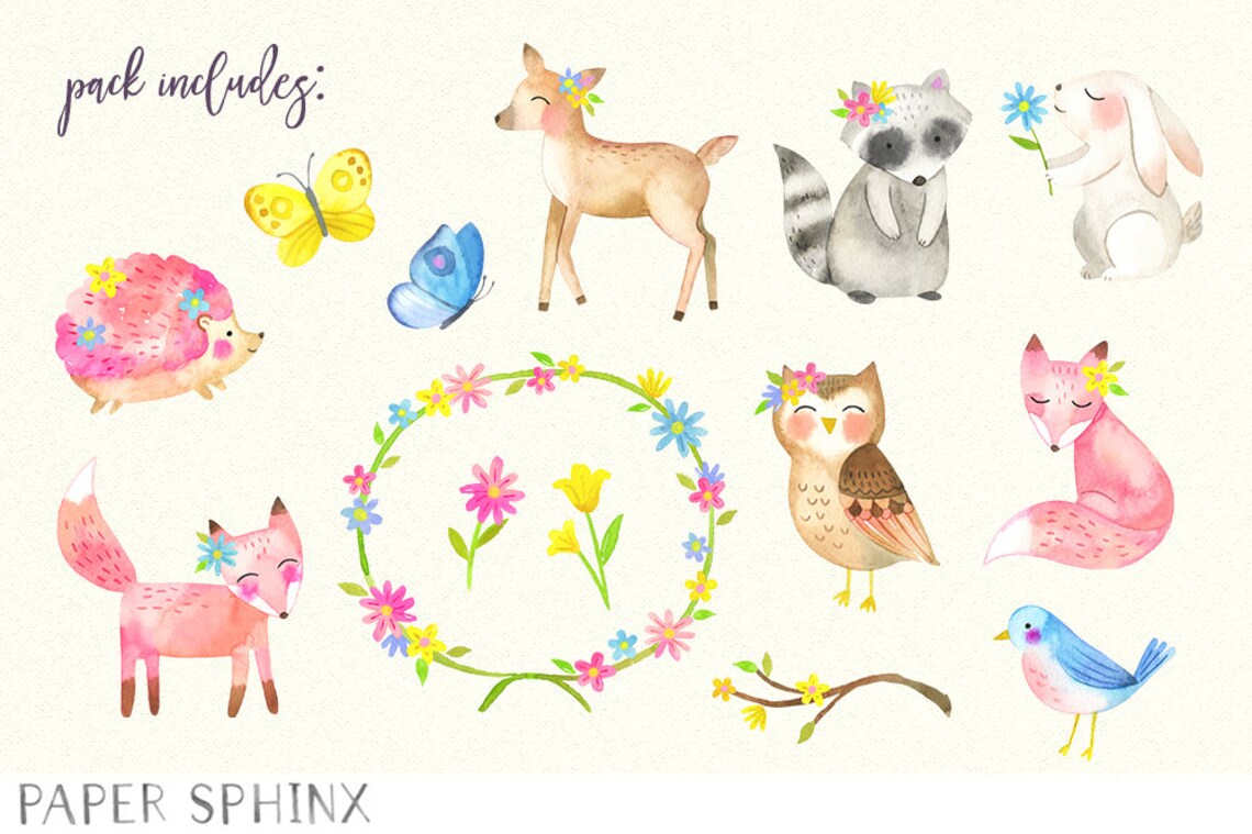 Watercolor Spring Woodland Clipart Floral Woodland Animals - Etsy
