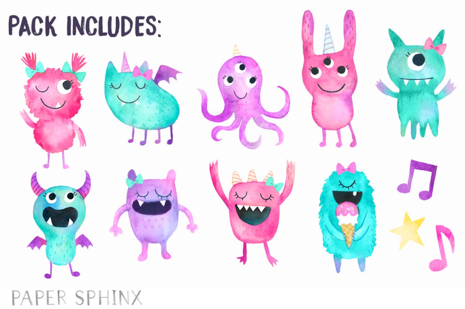Watercolor Girly Monsters Clipart Girl Monster Birthday | Etsy