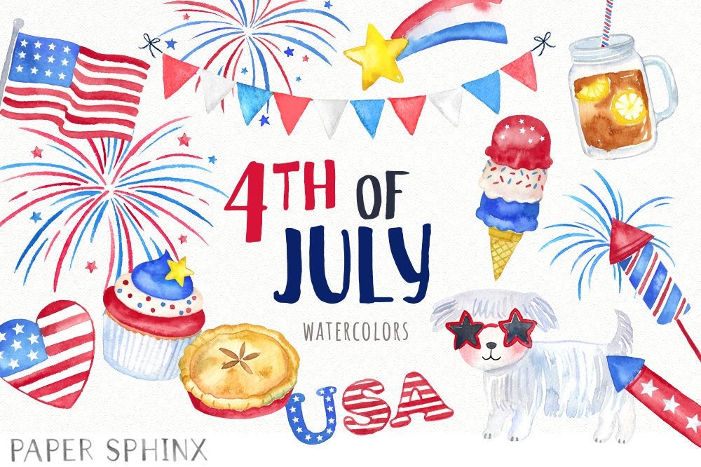 Digital WATERCOLOR patriotic seamless pattern planner clipart 4th july ...